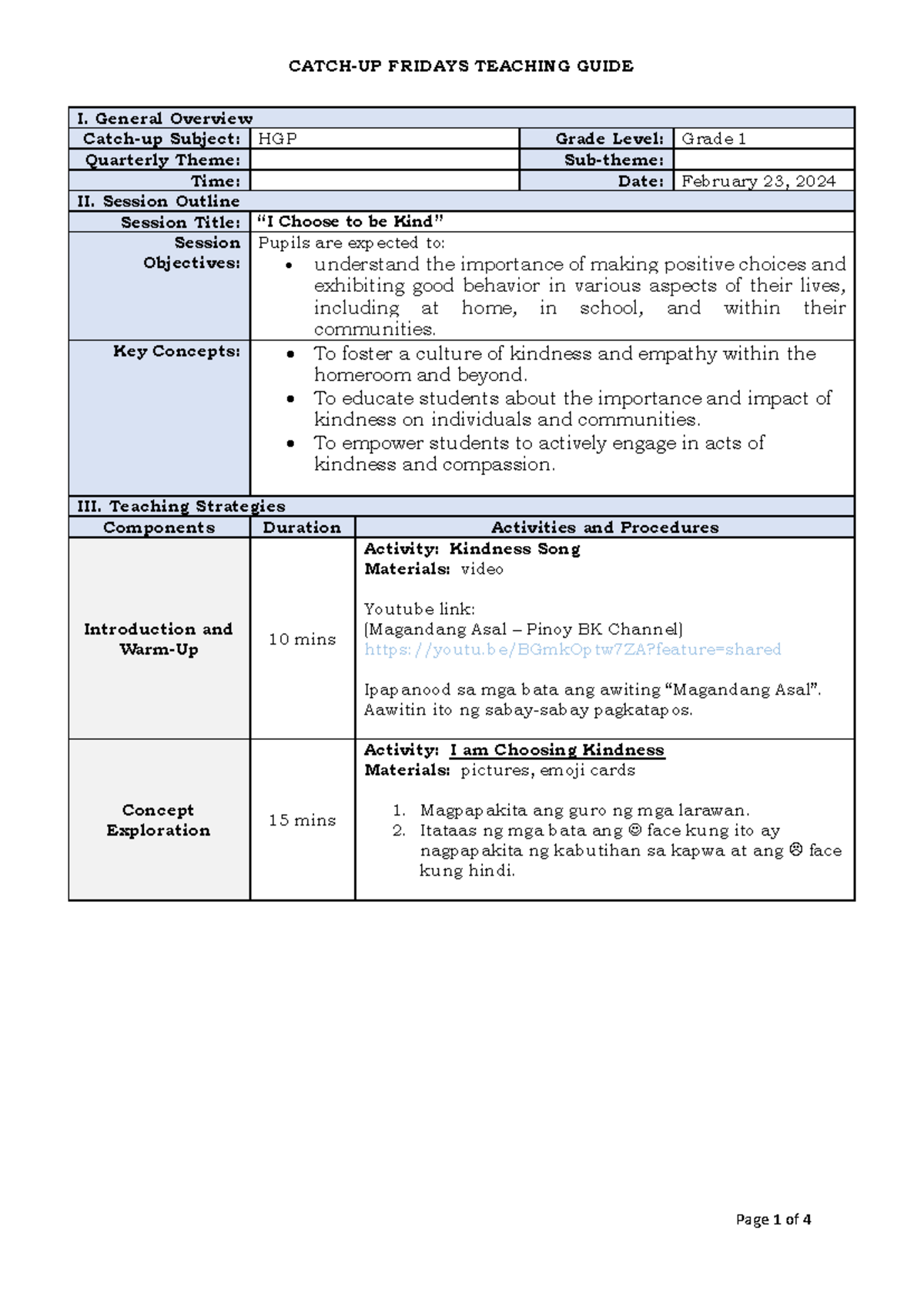 HGP G1 Q3 W3 - hjjj - I. General Overview Catch-up Subject: HGP Grade ...