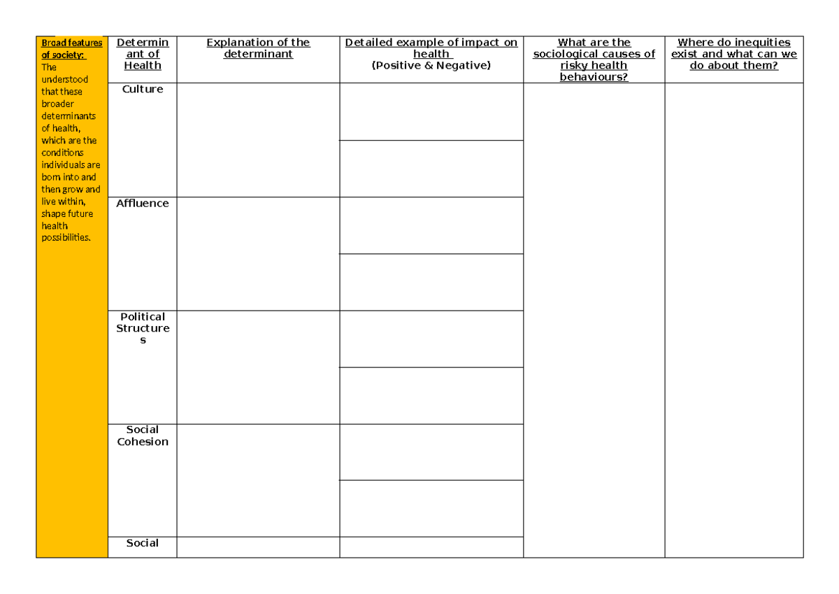 Determinants of Health Y11: Summary of Key Sociological Factors - Studocu