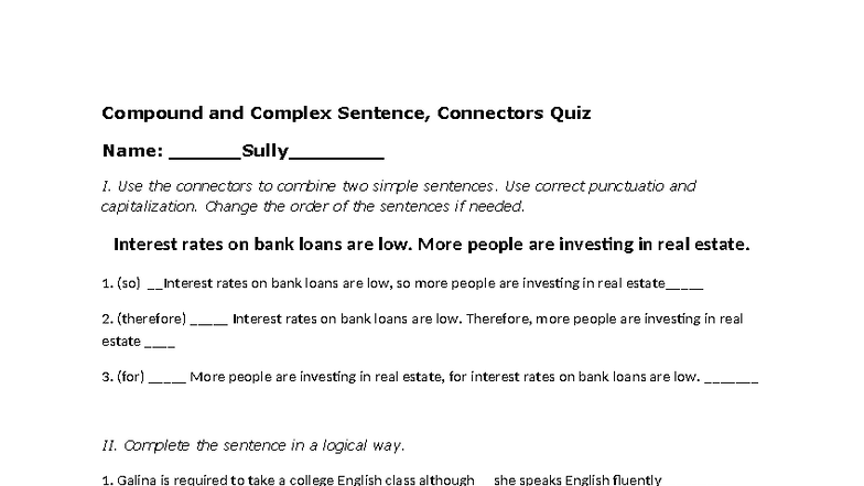 Compound and Complex Sentence Quiz: Connectors Practice - Studocu