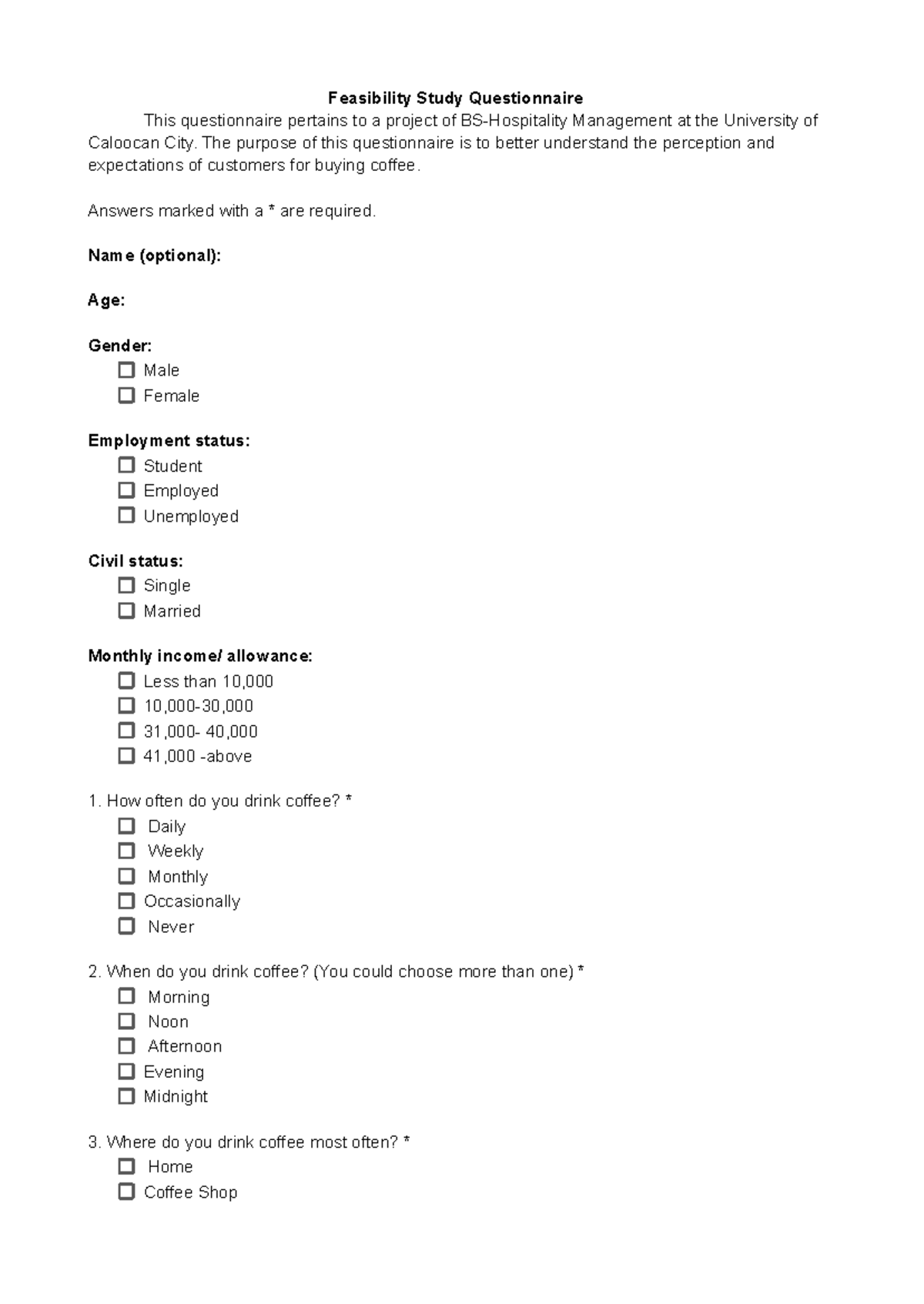 Feasibility Study Questionnaire for BS-Hospitality Management - Studocu