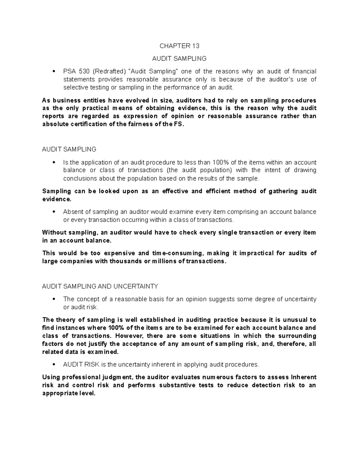 Audit Sampling notes - CHAPTER 13 AUDIT SAMPLING PSA 530 (Redrafted ...