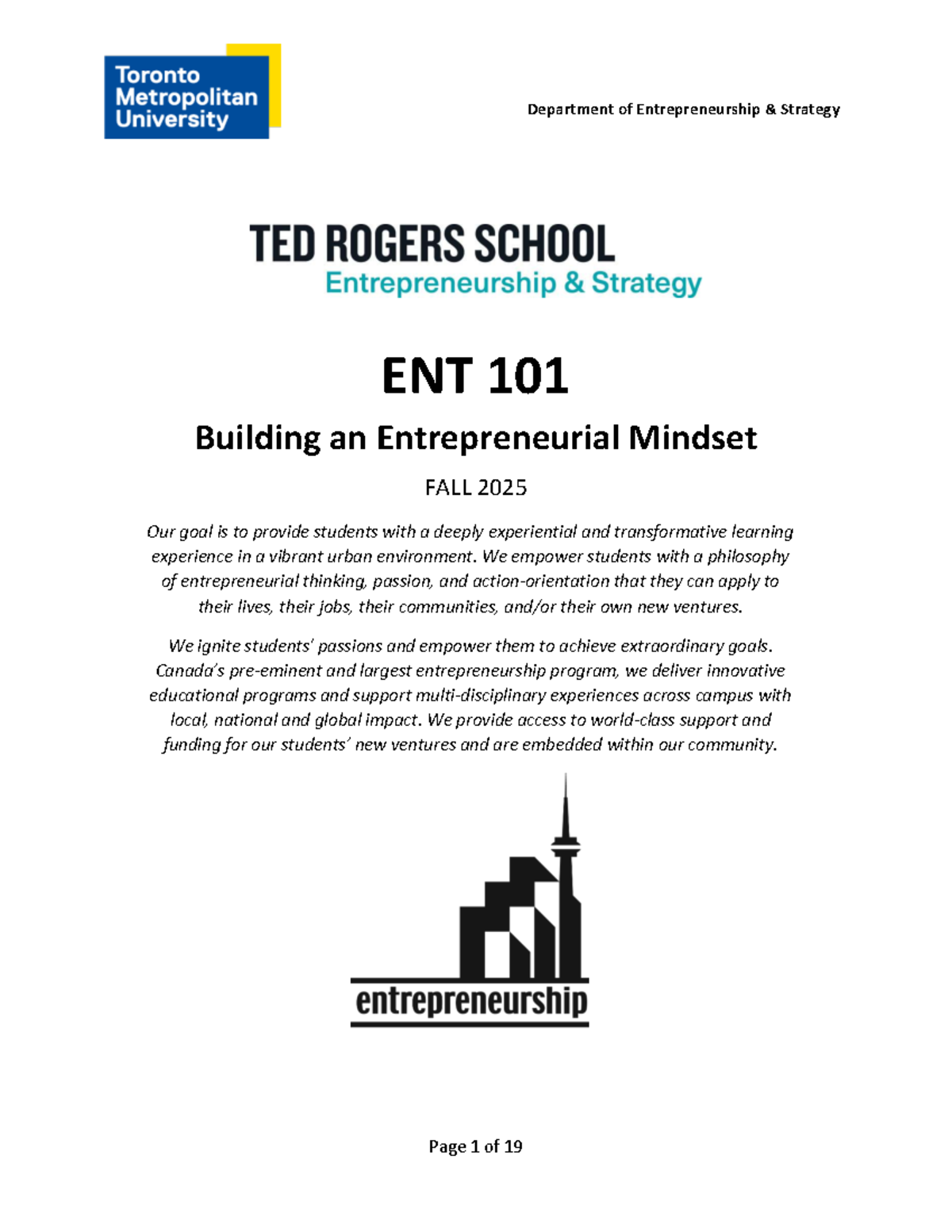 ENT 101 Course Outline: Building an Entrepreneurial Mindset - Fall 2025 ...