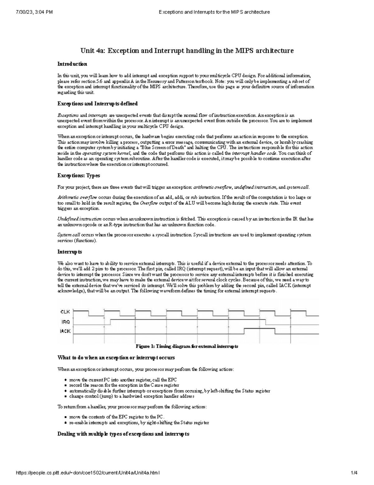 Exceptions and Interrupts for the MIPS architecture - Unit 4a: Exception and Interrupt handling ...