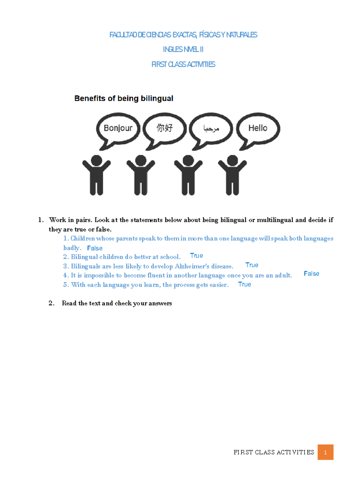 First Class Activities for English Level II - Bilingualism Insights ...