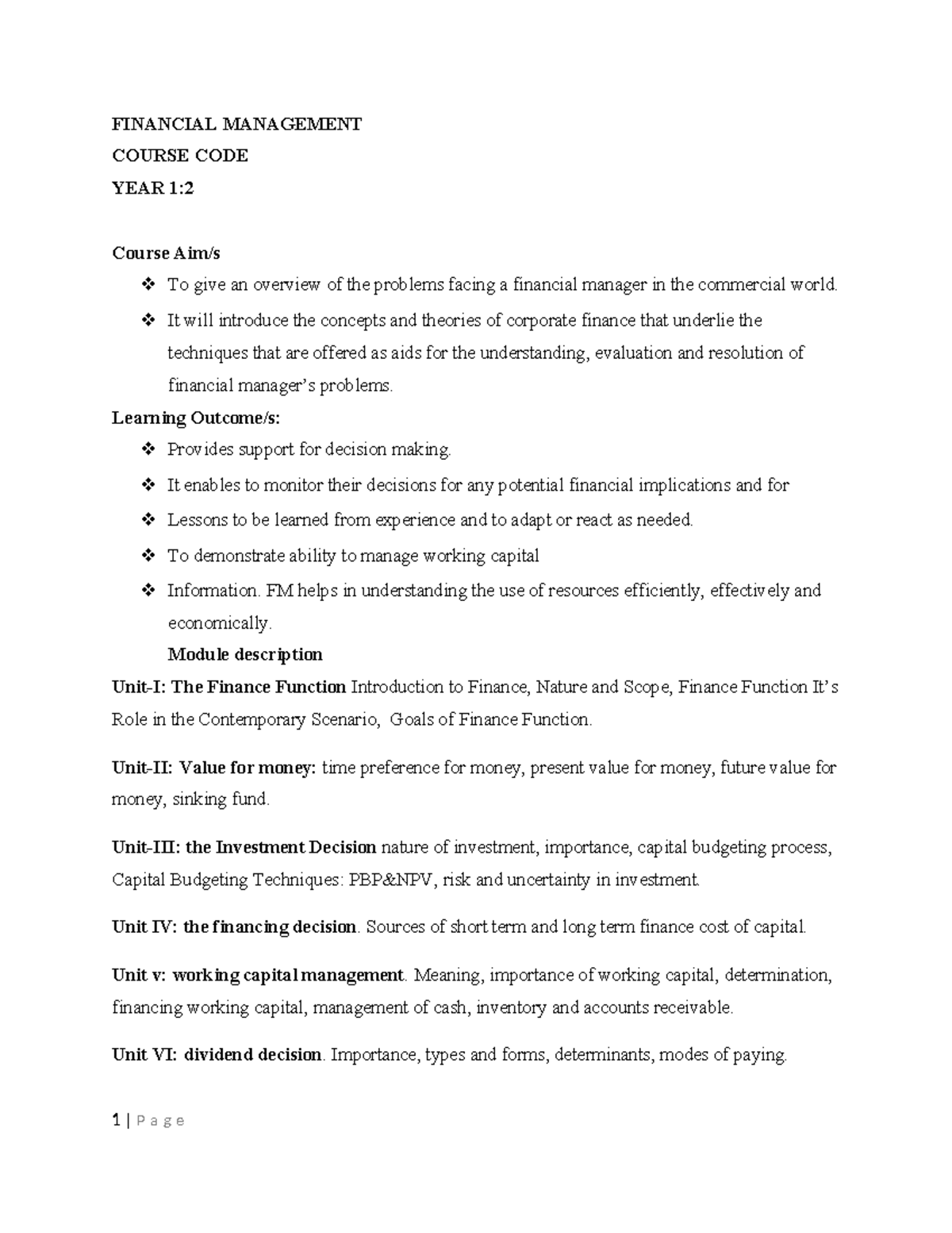 Lecture Notes: Financial Management Overview and Key Concepts (YEAR 1 ...