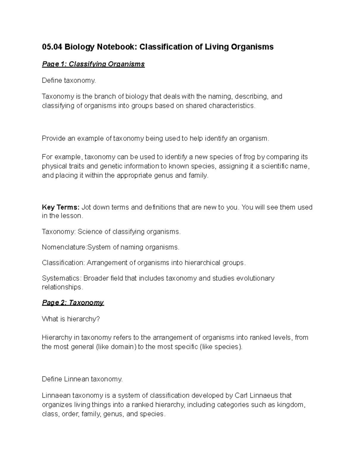 05.04 Biology Guided Notes: Taxonomy & Classification of Organisms ...