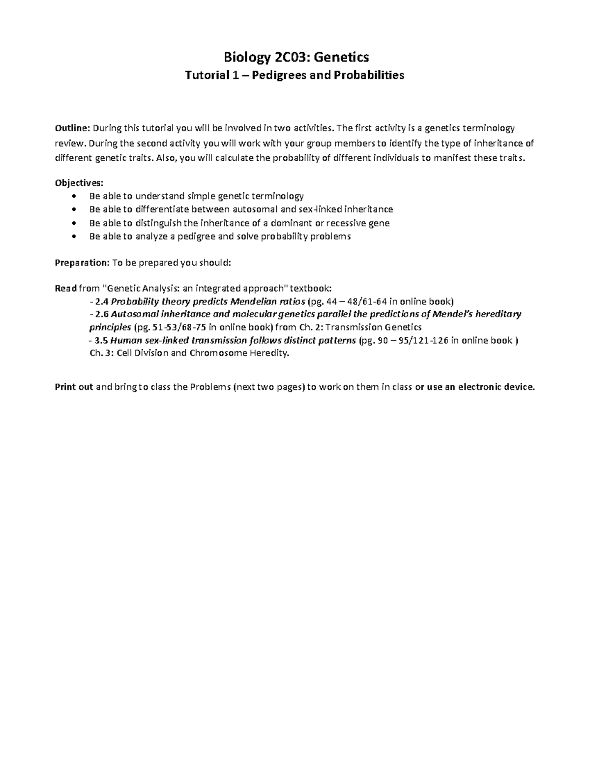 Biology 2C03: Genetics Tutorial 1 - Pedigrees & Probabilities Guide - Studocu
