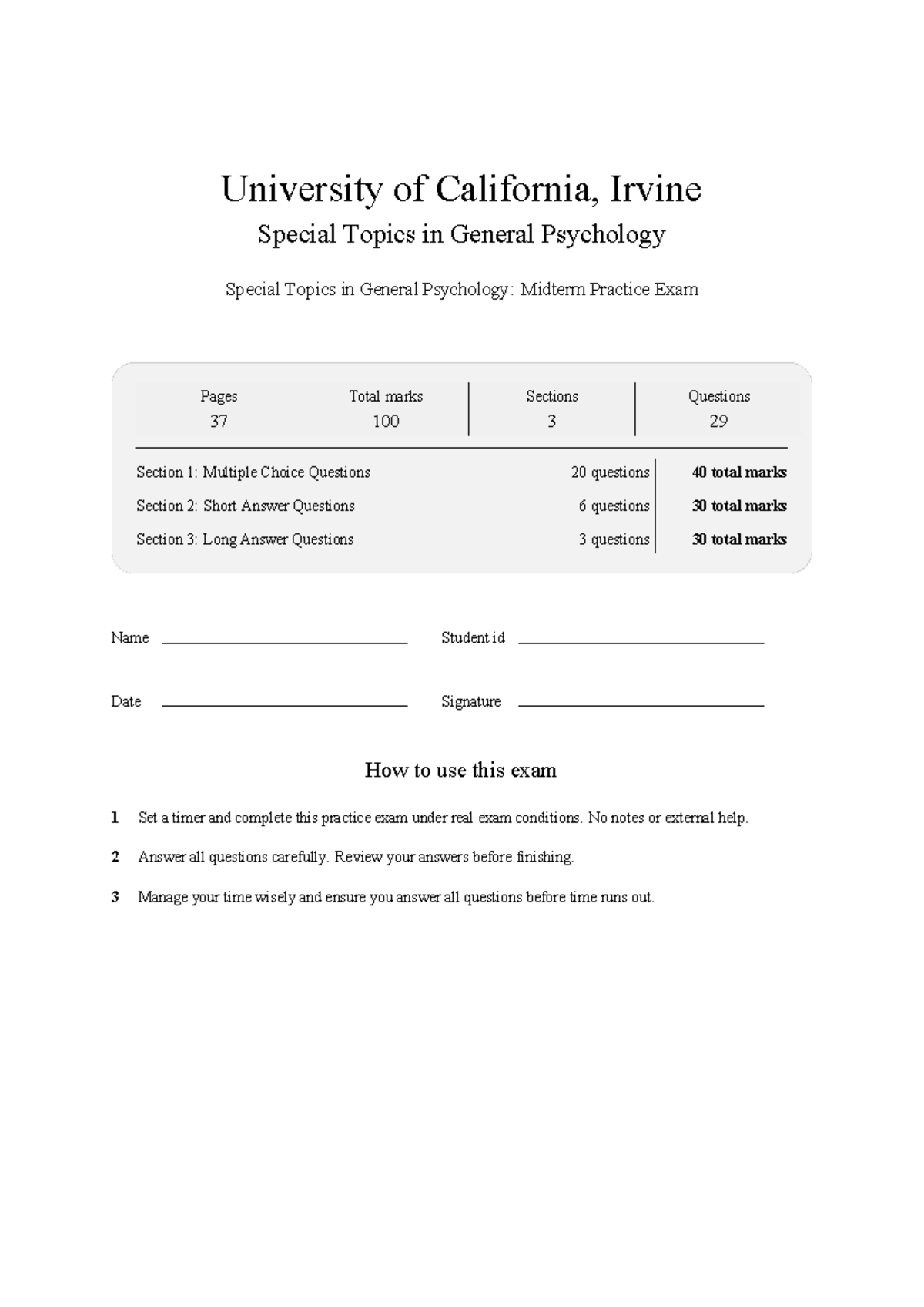 PSYCH 129: Midterm Practice Exam for Special Topics in General ...