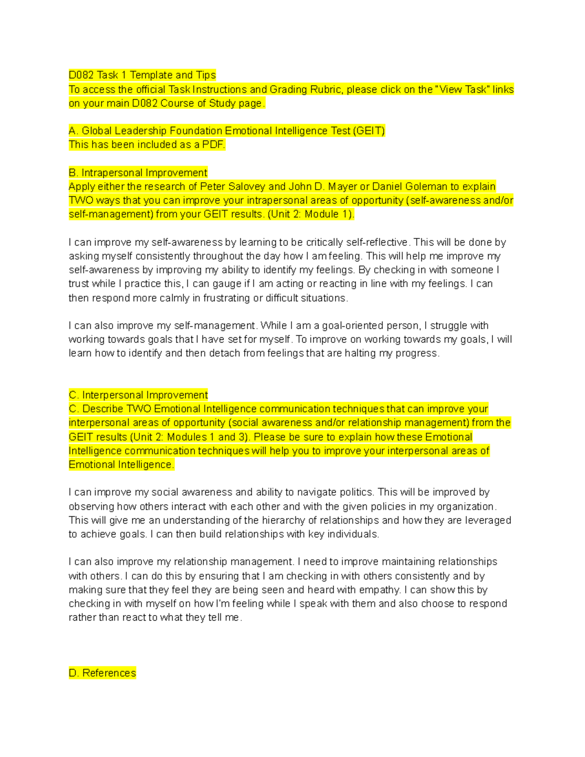 D082 Task 1 (Passed on first try) - D082 Task 1 Template and Tips To access the official Task ...