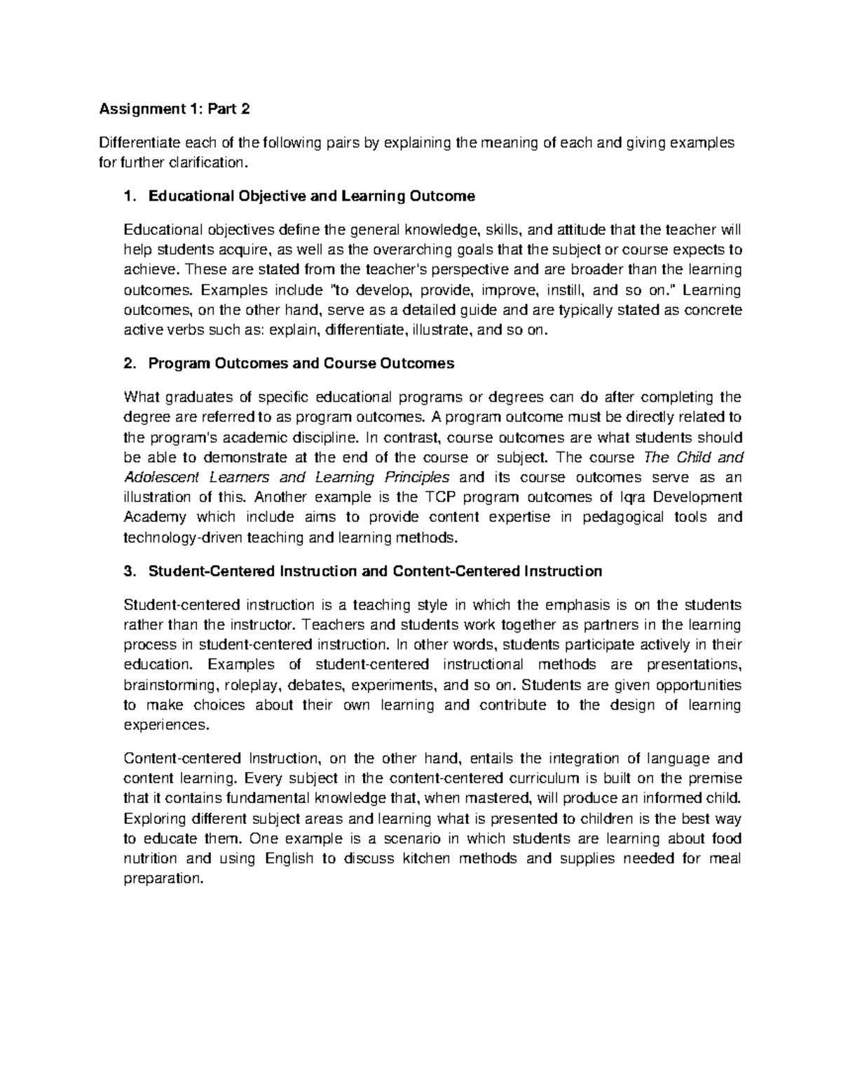 Assignment 1 Part 2: Differentiating Educational Concepts - Studocu