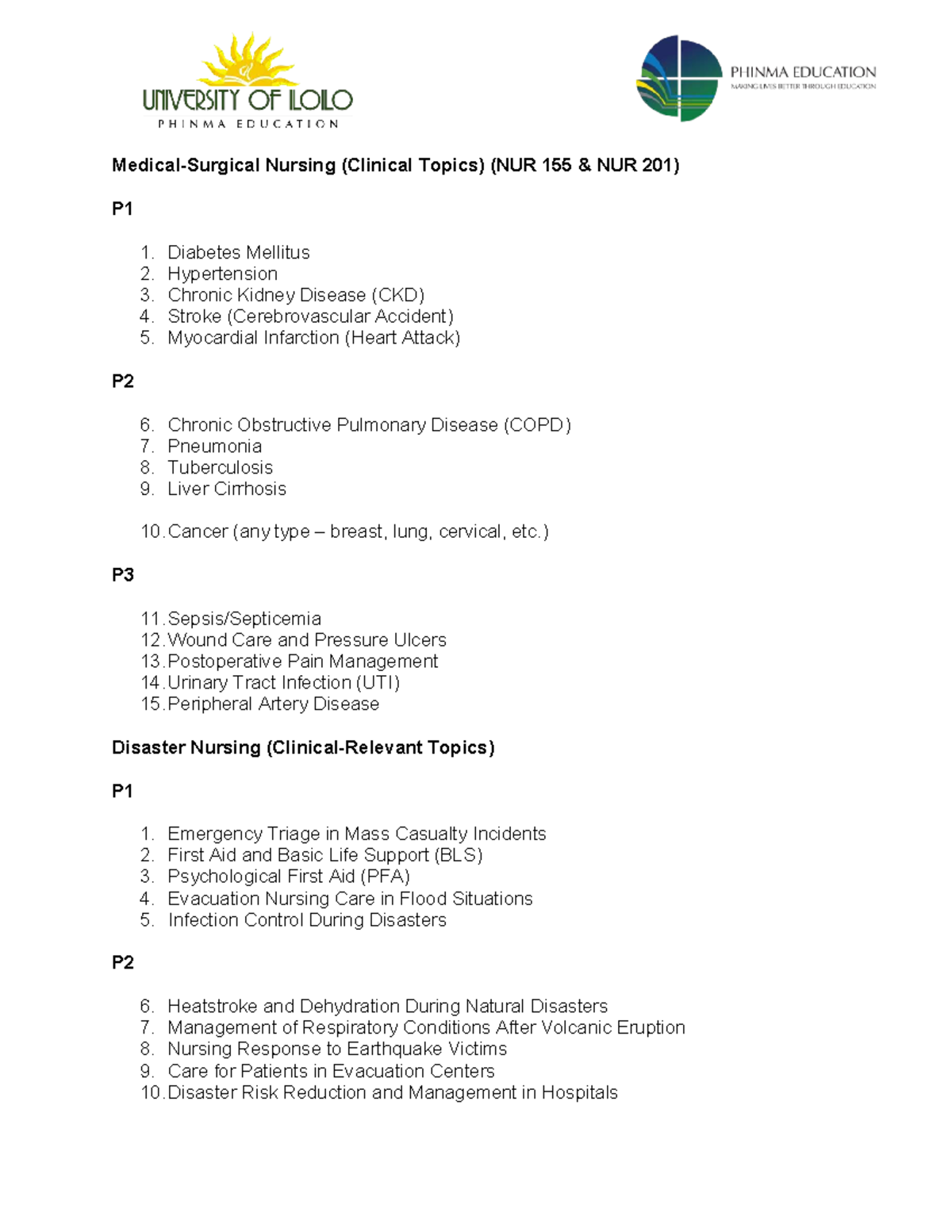 NUR 155 & NUR 201: Clinical & Disaster Nursing Topics Overview - Studocu