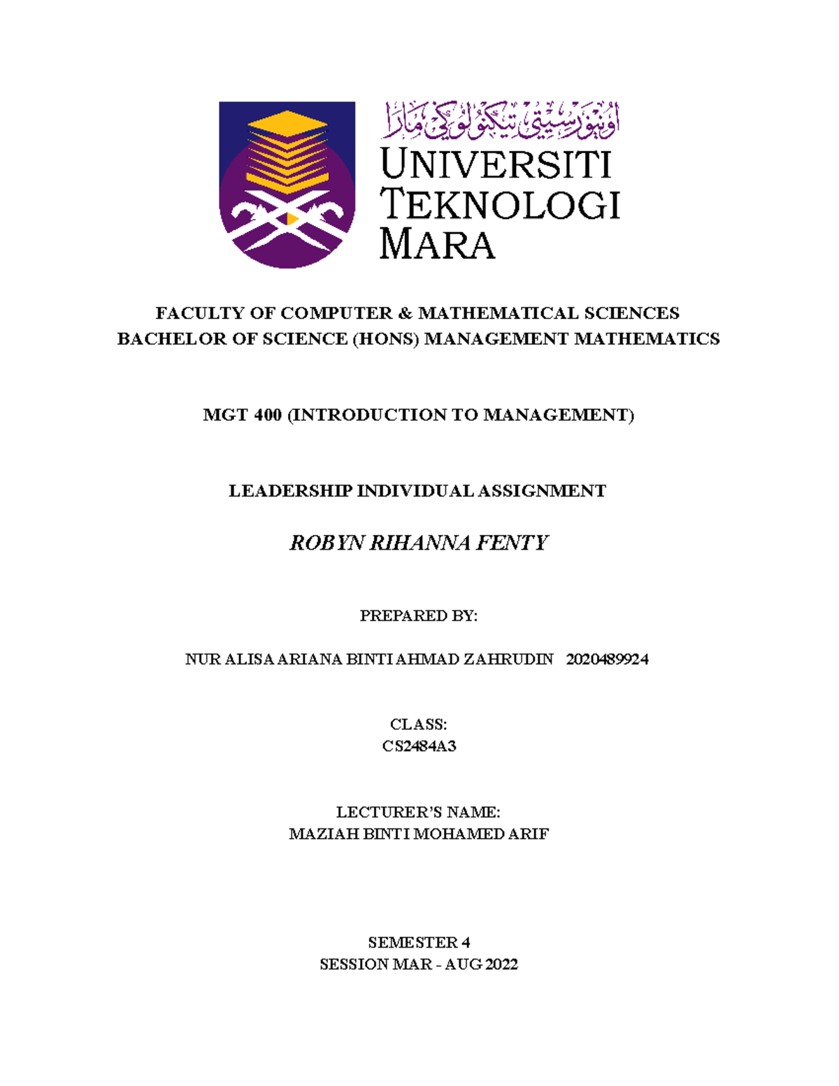 MGT400 Leadership Individual Assignment on Rihanna's Career - Studocu