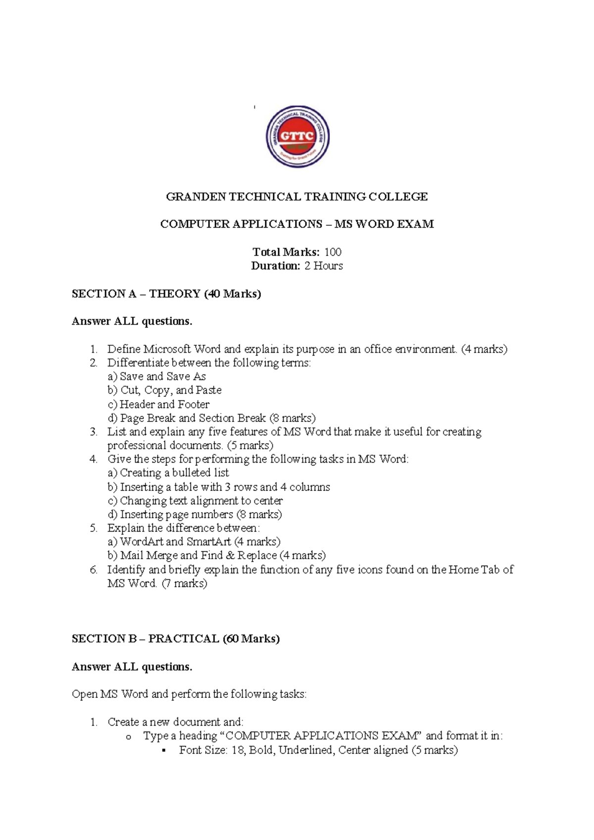 COMP 101: MS Word Exam - Theory & Practical Guide - Studocu