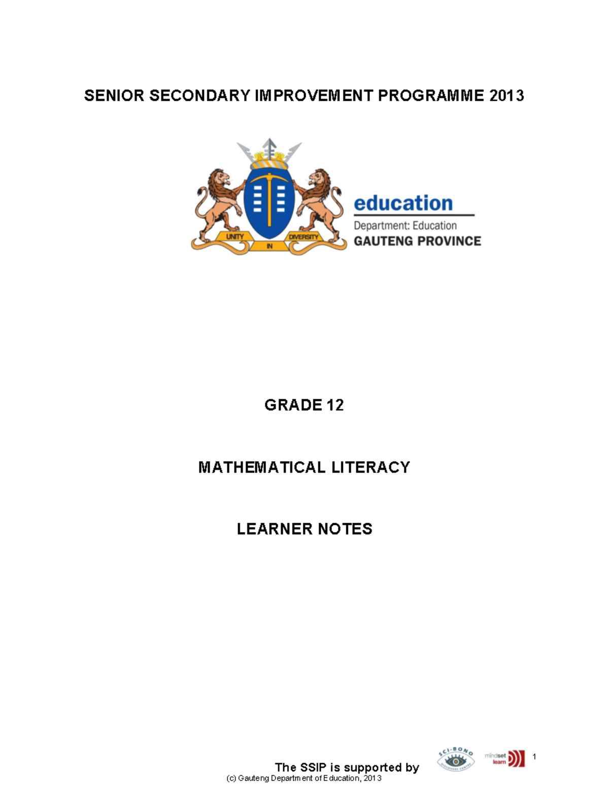 Mathematical Literacy Grade 12 SSIP Learner Notes - Session 3 - Studocu