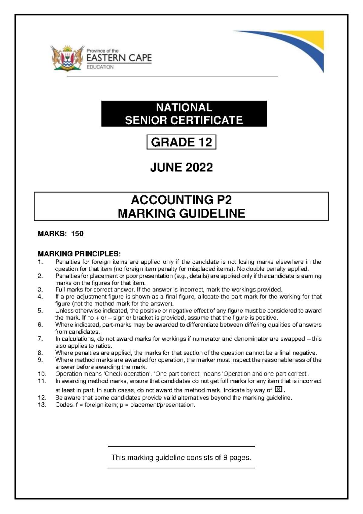 Accounting P2 GR12 JUNE 2022 Final Marking Guidelines - Studocu