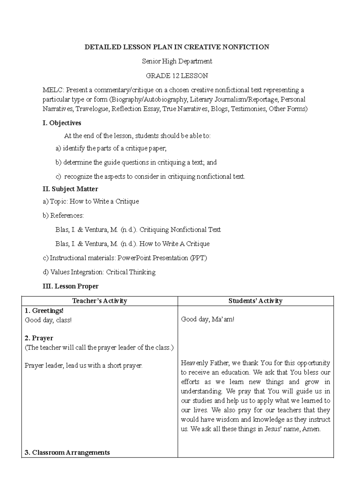 Detailed Lesson Plan on Critiquing Creative Nonfiction (Grade 12) - Studocu