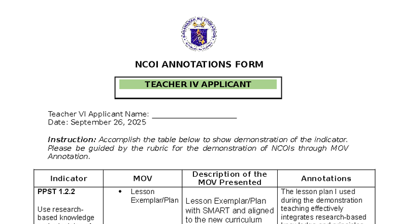NCOI ANNOTATIONS FORM TEACHER VI APPLICANT - Sample for T4 - Studocu