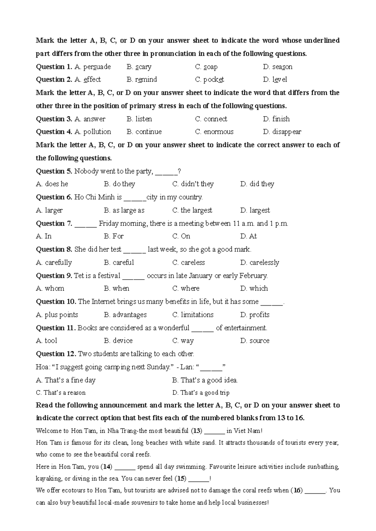 Grade 8. Practice Test No. 1: Pronunciation, Stress, and Comprehension ...