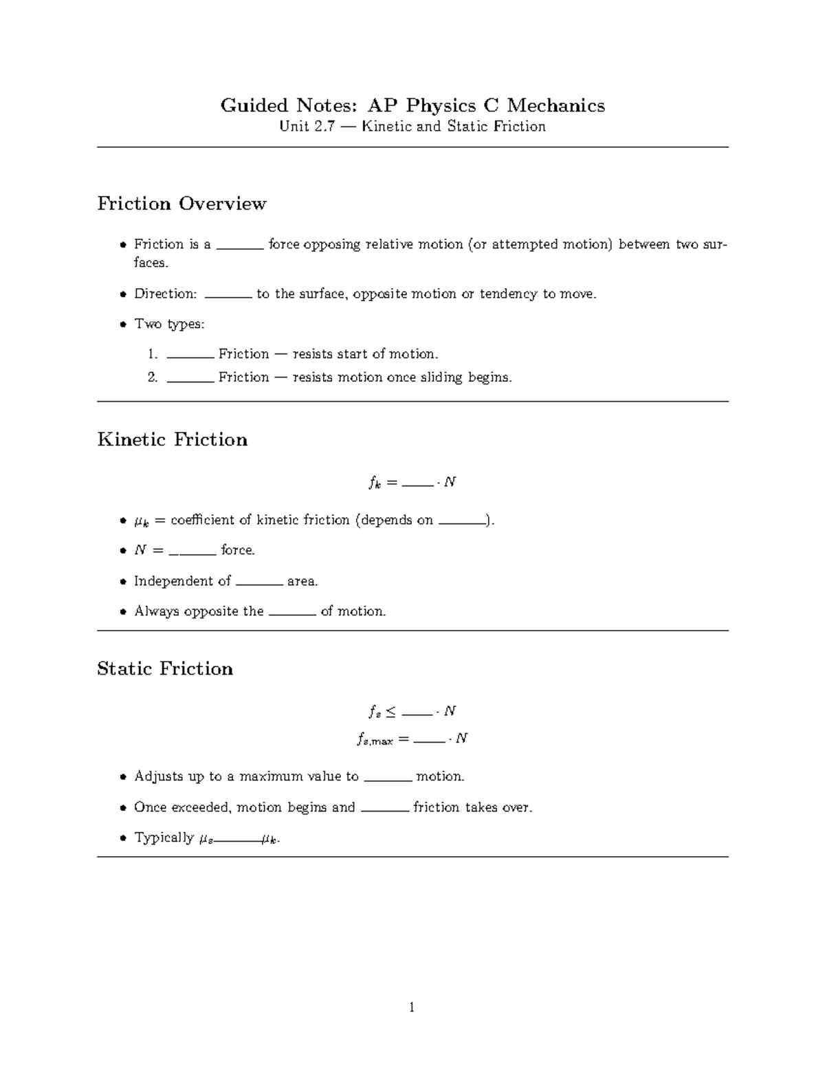 Guided Notes: AP Physics C Mechanics - Kinetic & Static Friction - Studocu