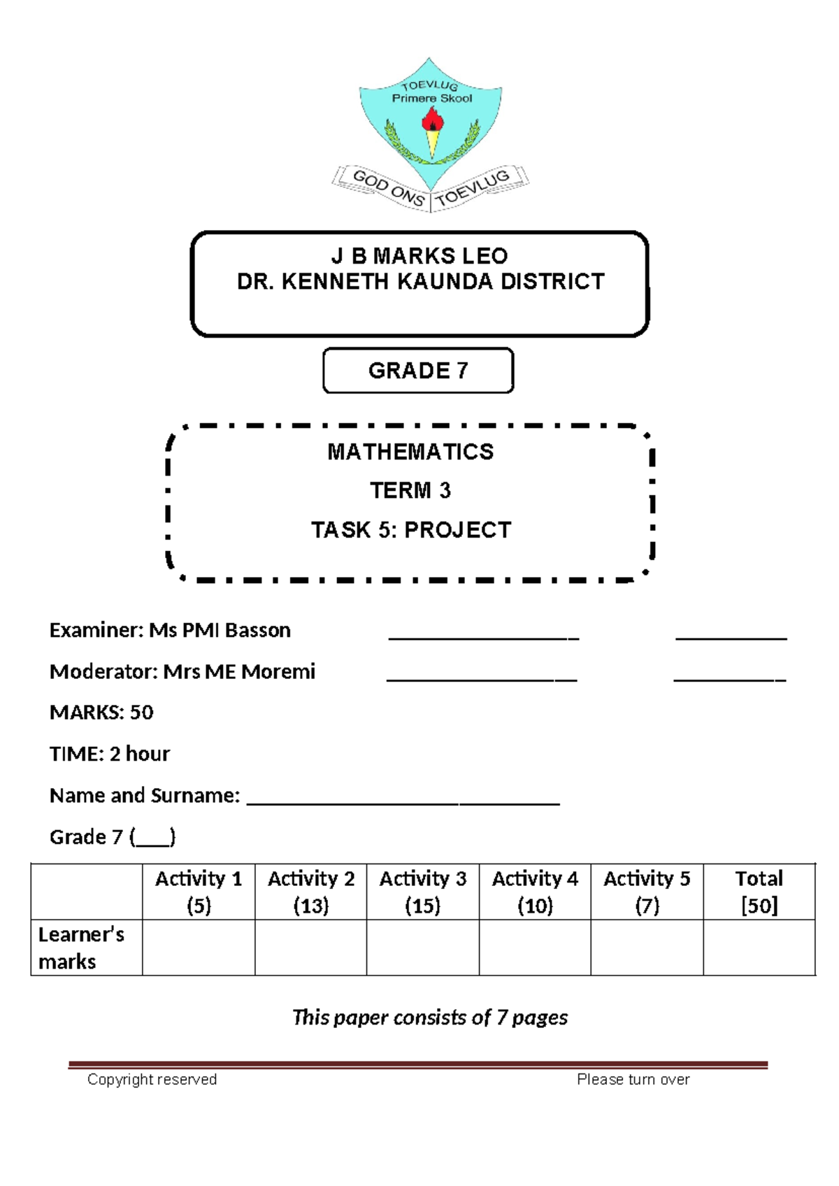Grade 7 Mathematics Project TERM 3 2025: Garden Planning & Costs - Studocu