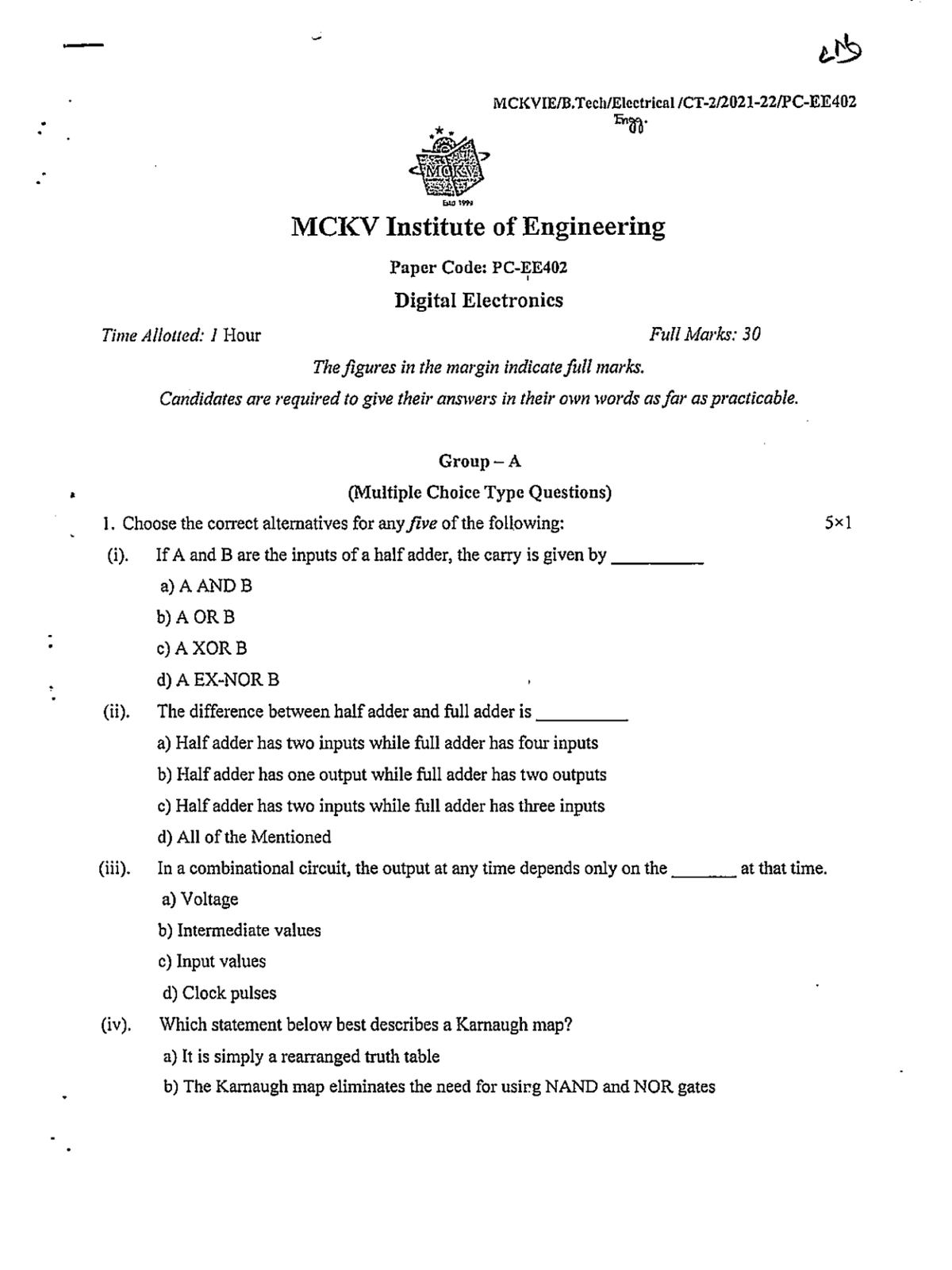 Digital Electronics CA-2: MCQs, Short & Long Answer Questions - Studocu