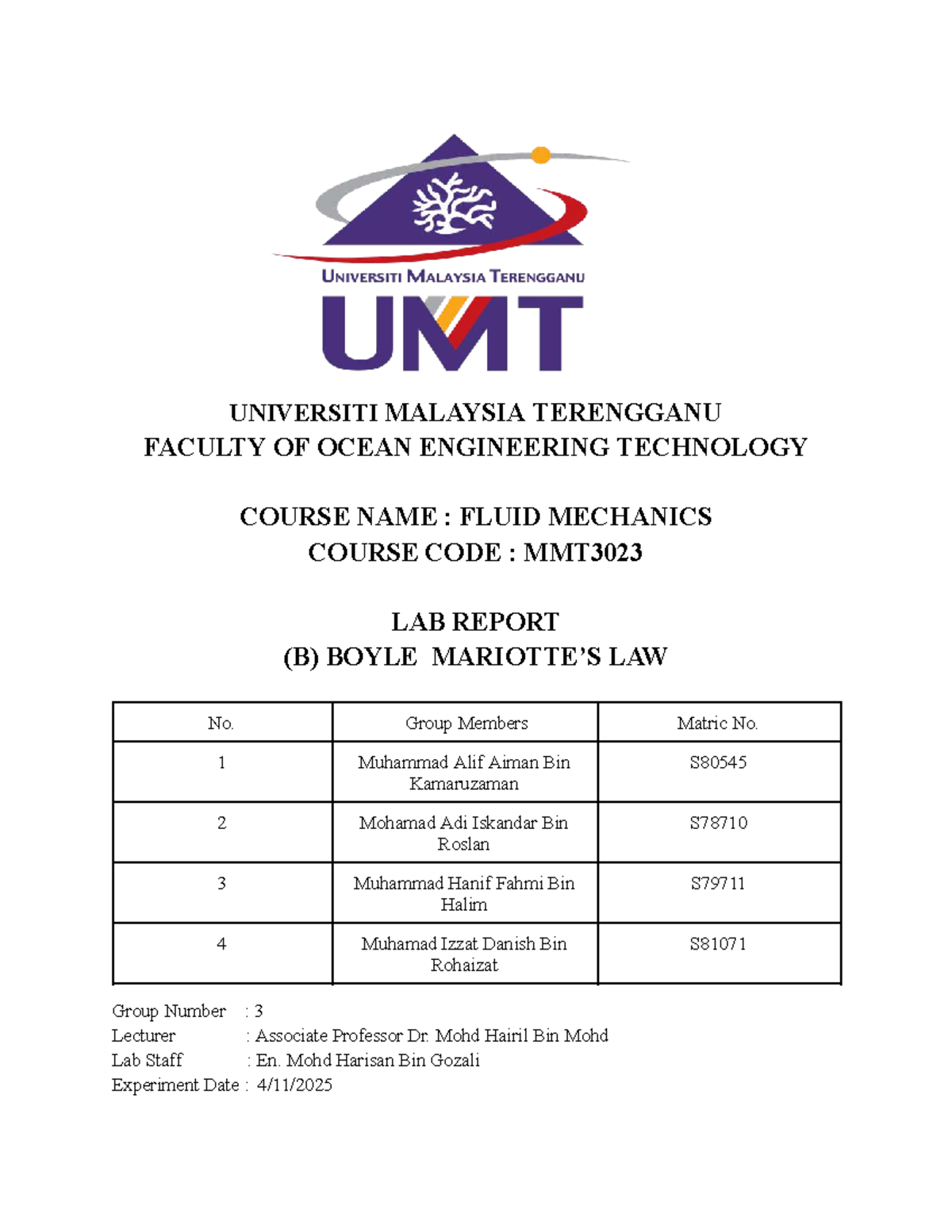MMT3023 Fluid Mechanics Lab Report: Boyle's Law Experiment - Studocu