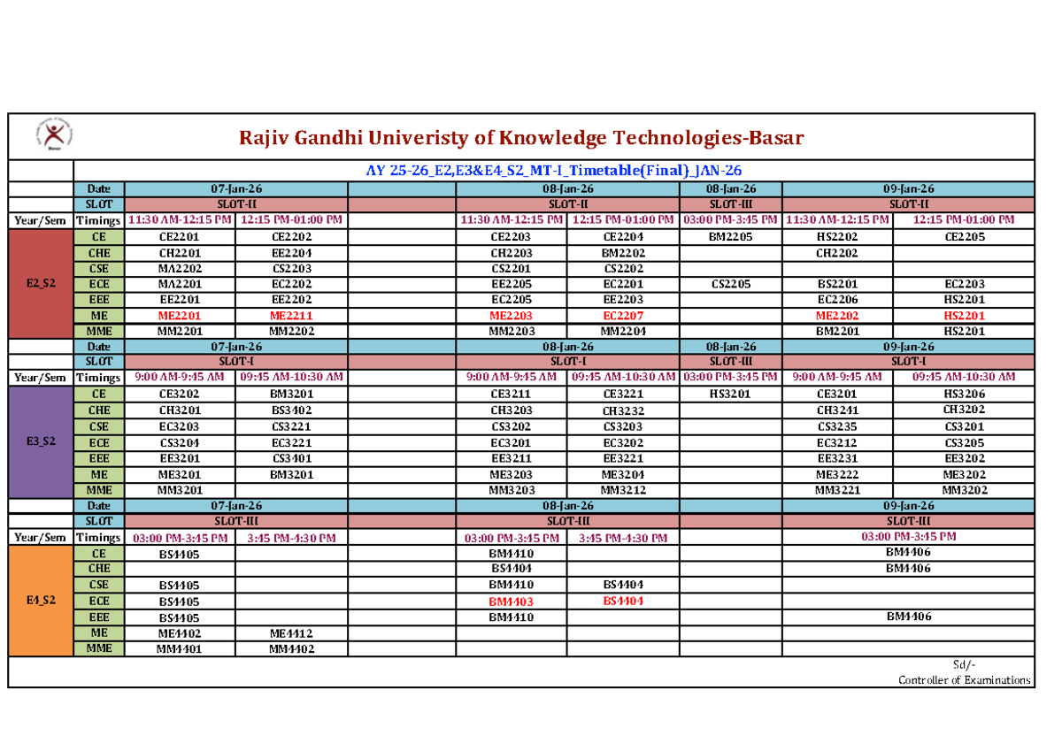 AY 25-26 E2, E3 & E4 S2 MT-I Final Exam Time Table - Studocu