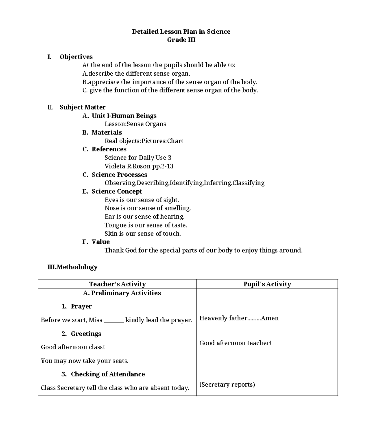 Detailed Lesson Plan: Understanding Sense Organs (Grade I) - Studocu