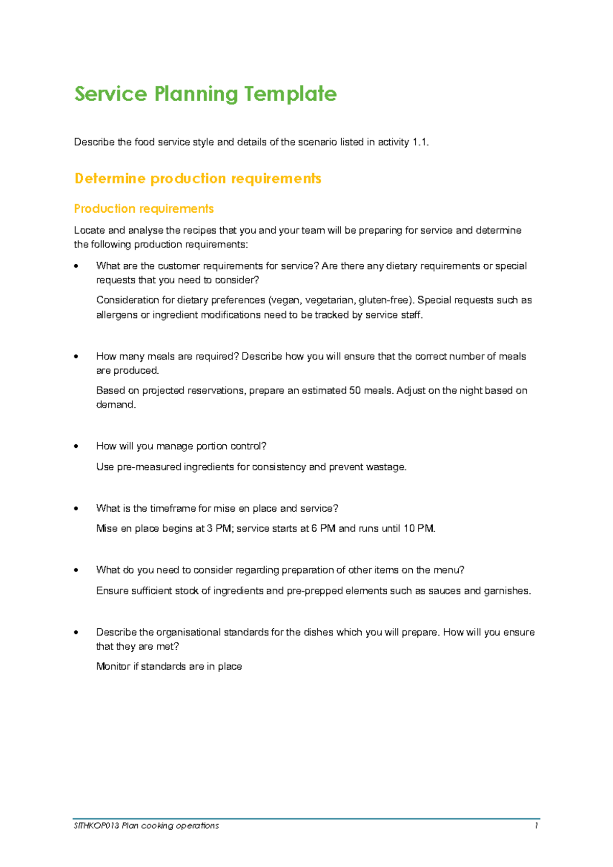 SITHKOP013 Service Planning Template for Cooking Operations 1 - Studocu