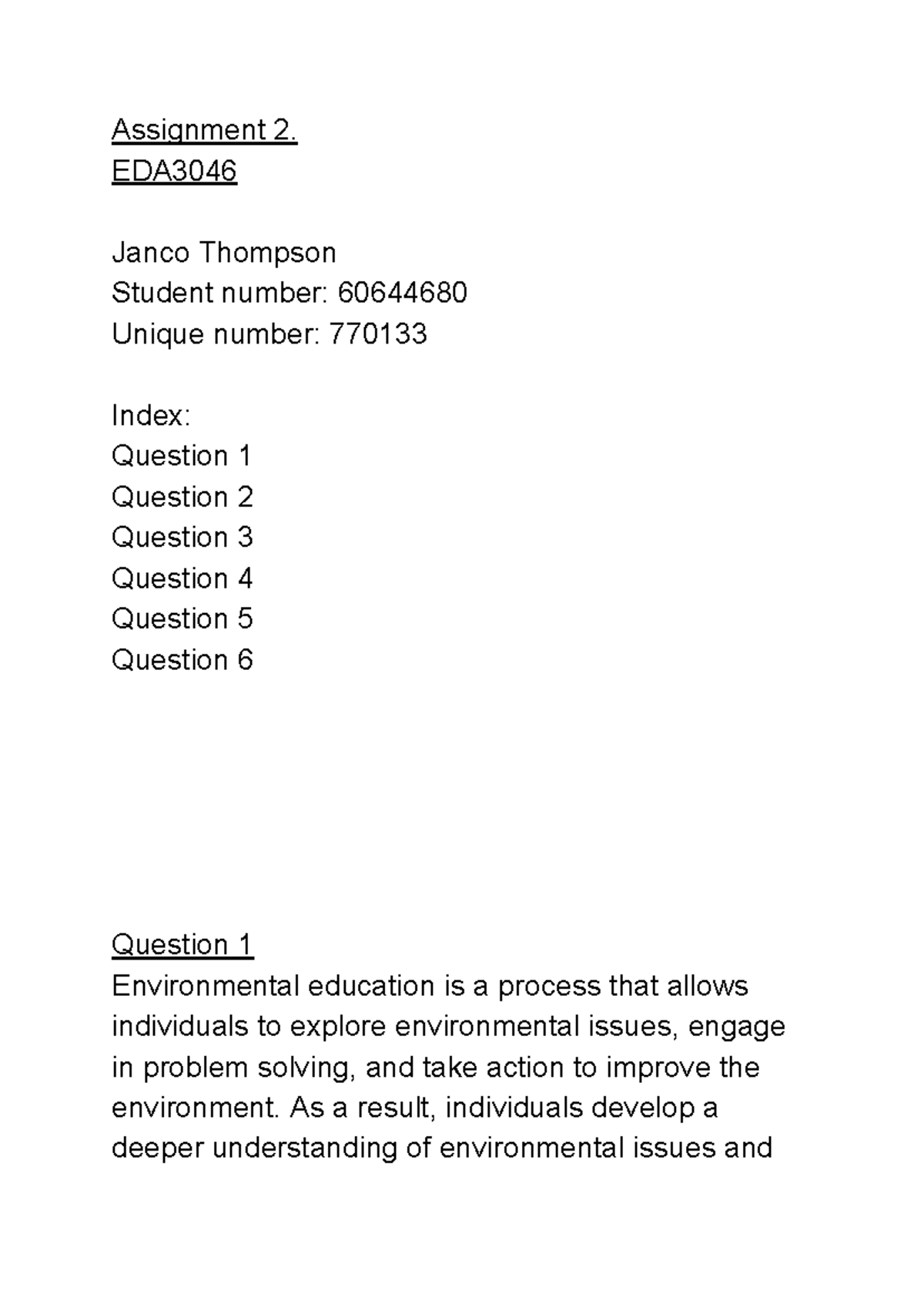 Assignment 2 eda3046 - Assignment 2. EDA Janco Thompson Student number ...
