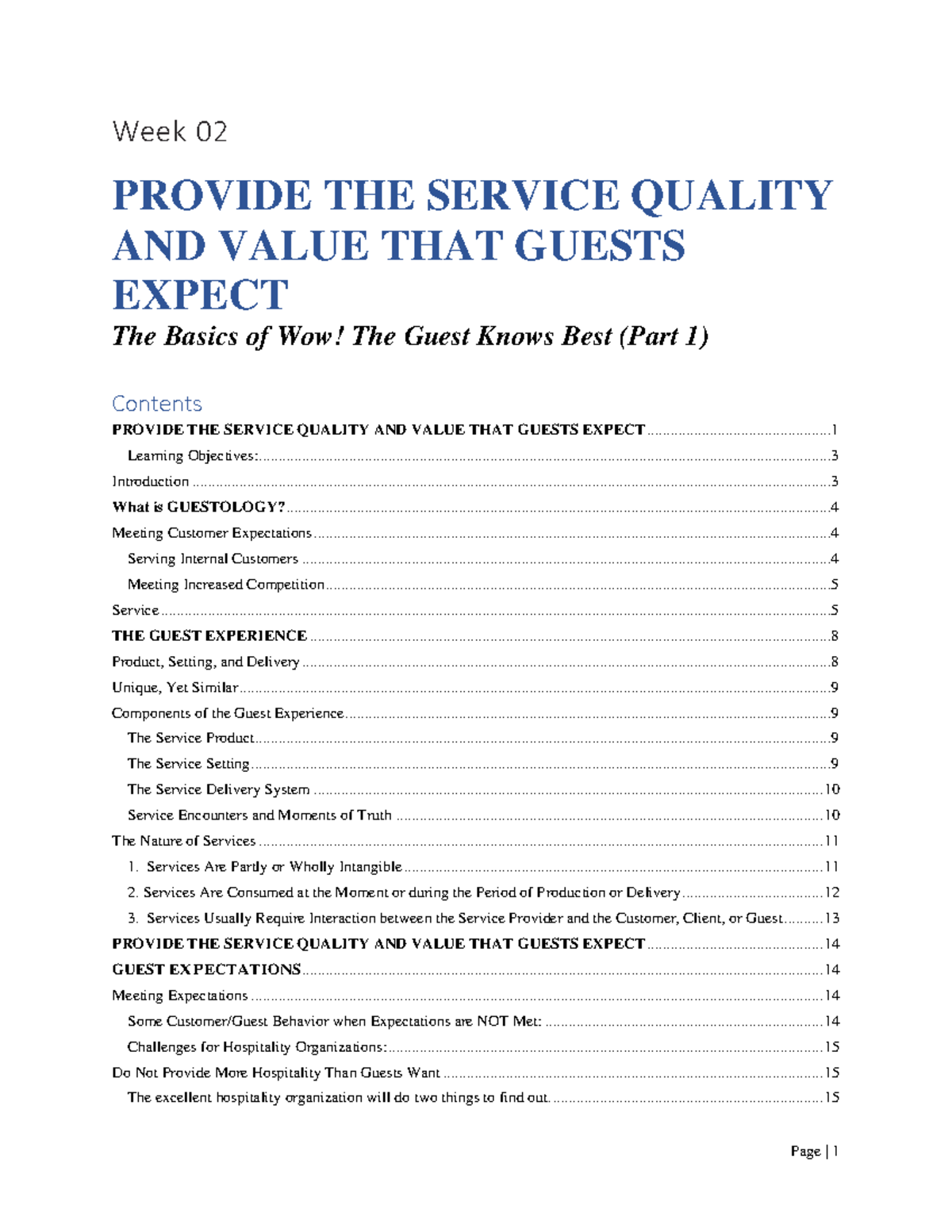 Week 2 & 3 - Delivering Quality Service and Value in Guest Experience ...