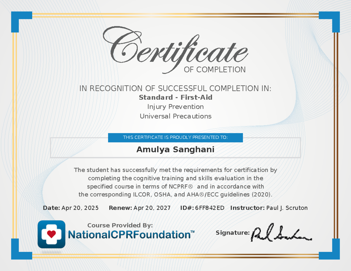 First aid cert - qvnbvla - OF COMPLETION IN RECOGNITION OF SUCCESSFUL COMPLETION IN: Standard ...