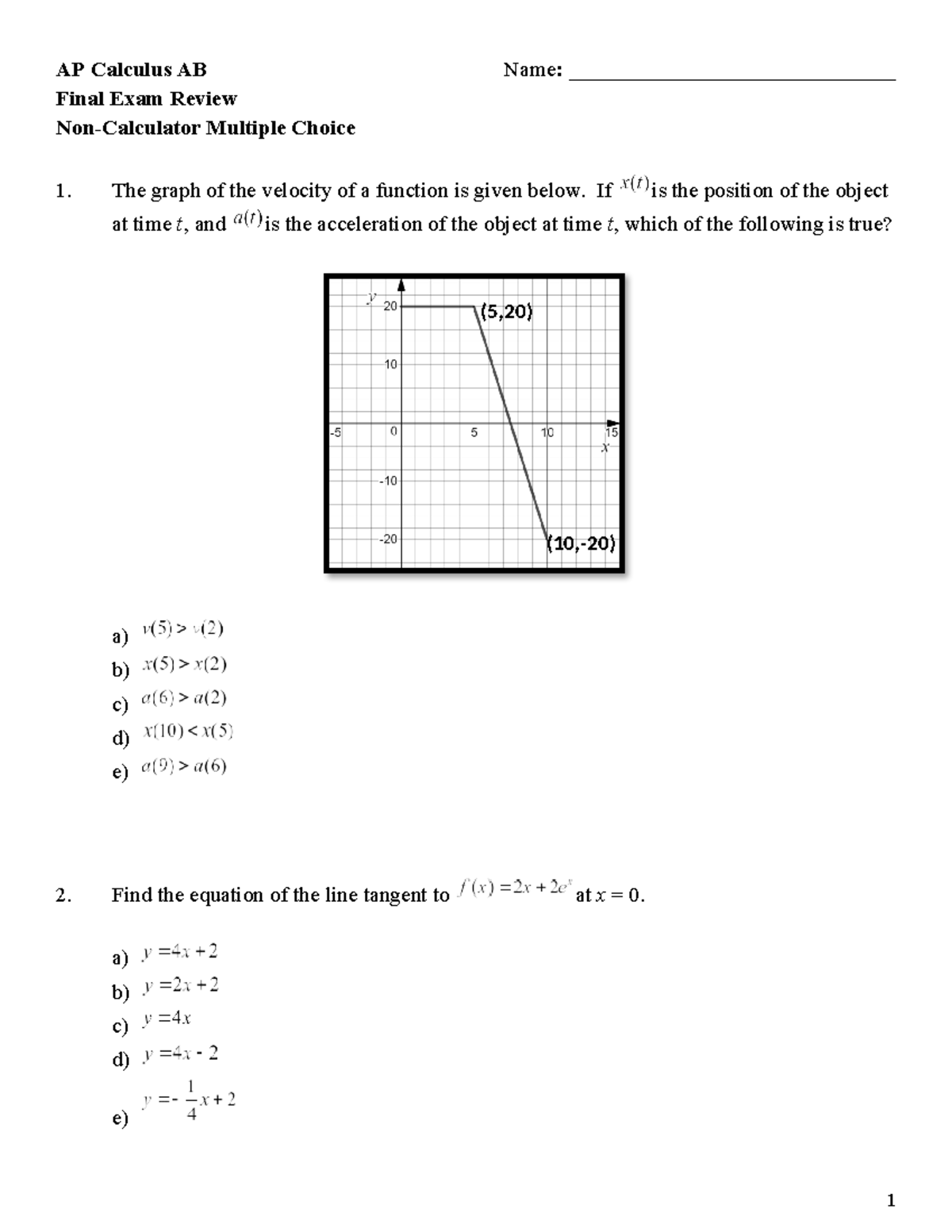 Final Exam Review: AP Calculus AB Non-Calculator MC Questions - Studocu