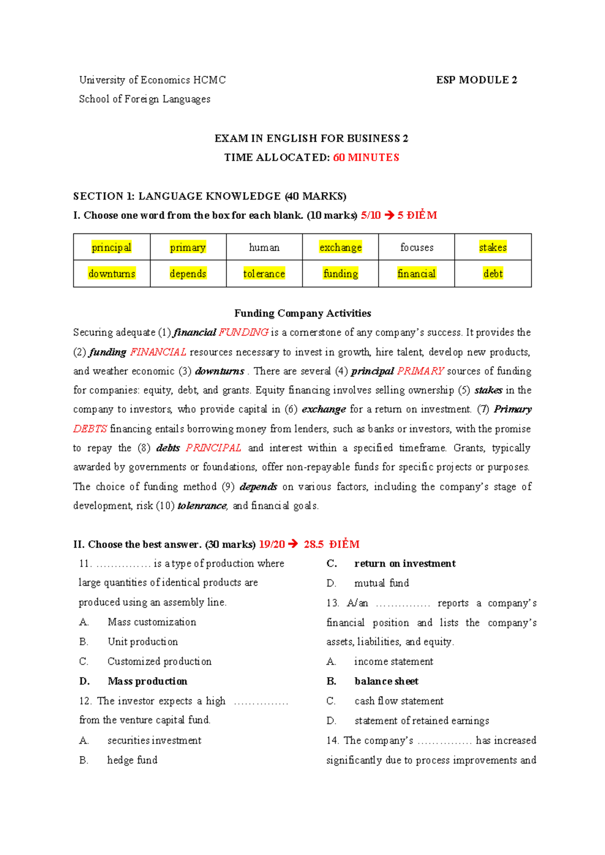 Sample TEST cô Hạnh - ESP MODULE 2: Exam in English for Business - Studocu
