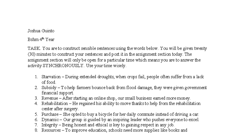 Joshua Guinto BSHM 4th Year Synchronous Sentence Construction Task ...