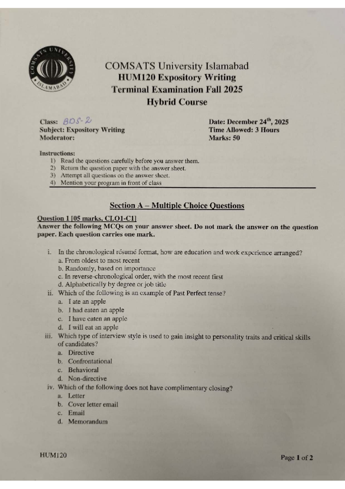 HUM120 Expository Writing Terminal Exam FA25 - December 2025 - Studocu