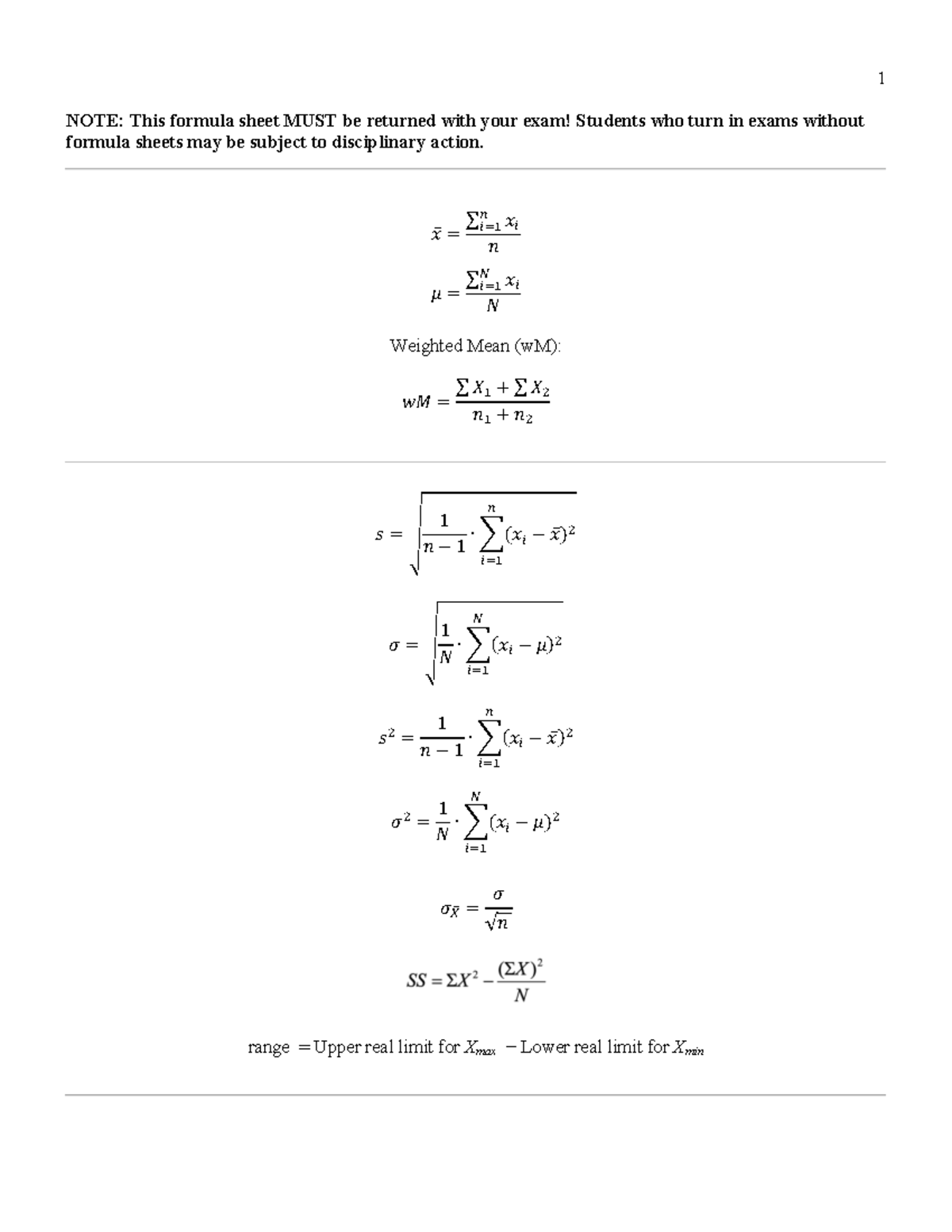 Formula Sheet MT2 PSYC204 W26 - 1 NOTE: This formula sheet MUST be ...