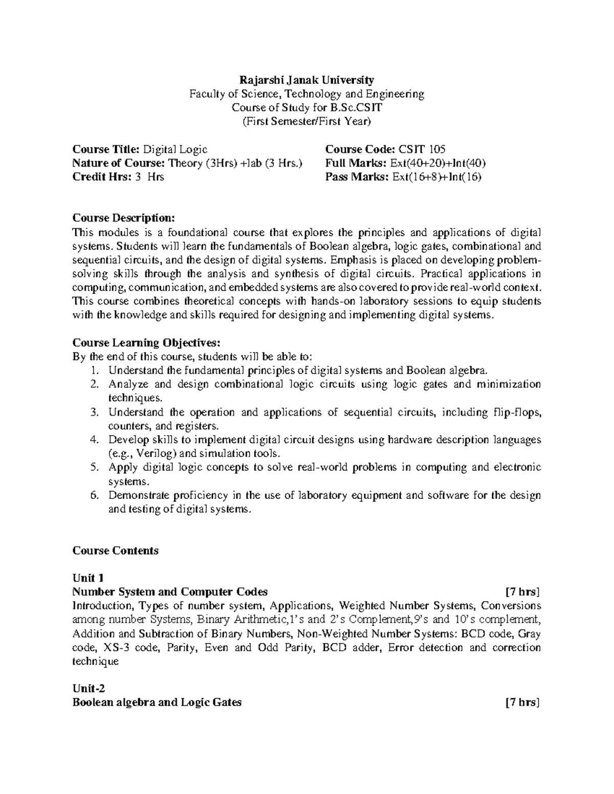 Digital Logic Syllabus for CSIT 105 - B.Sc.CSIT First Year - Studocu