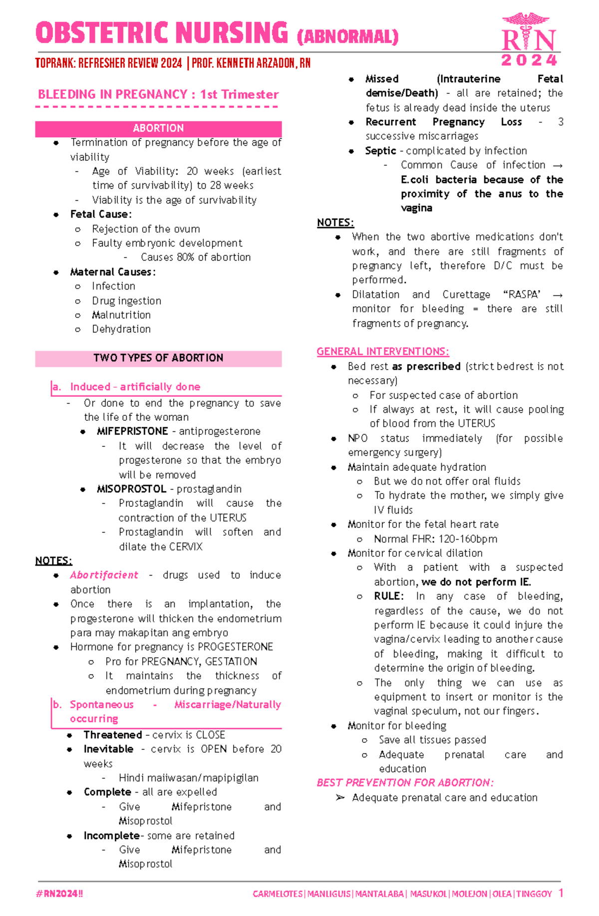 OB Abnormal Refresher Notes - Nursing Focus on Complications and ...