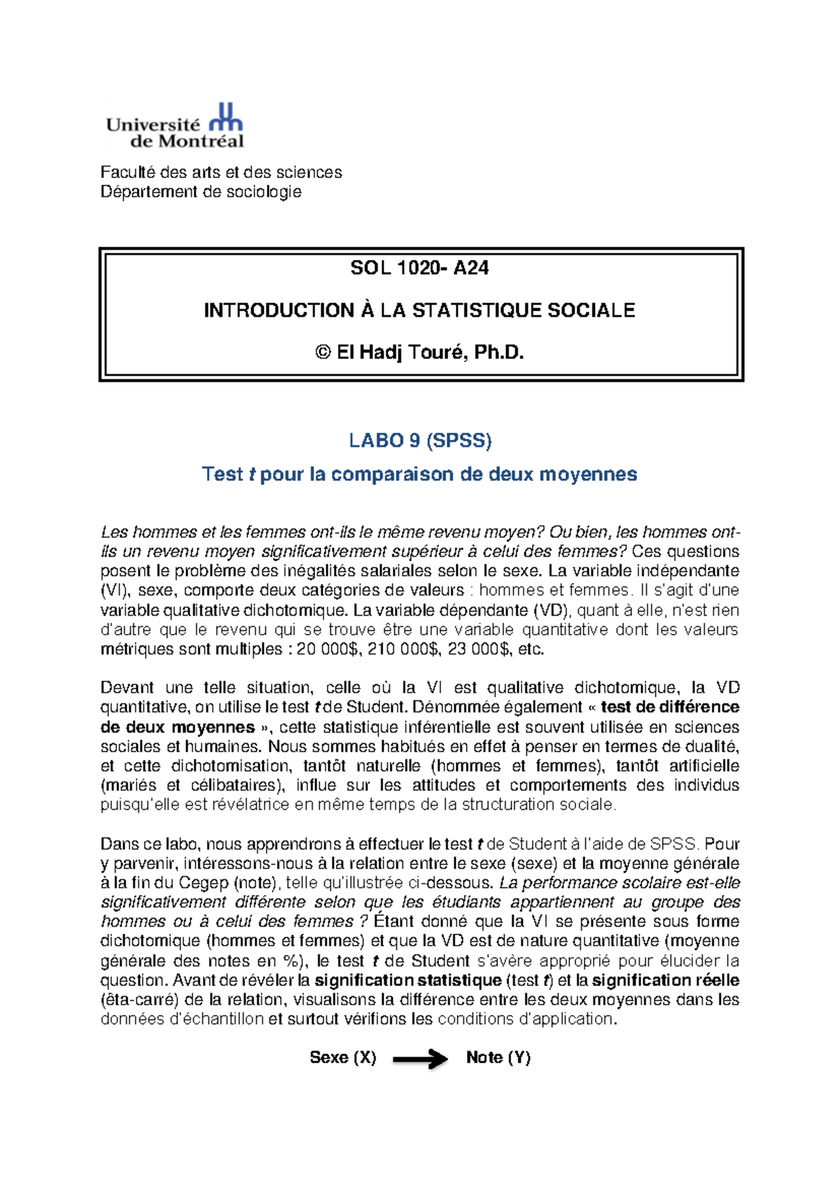 Labo SOL 1020 - Comparaison des Revenus par Test t avec SPSS 9 - Studocu
