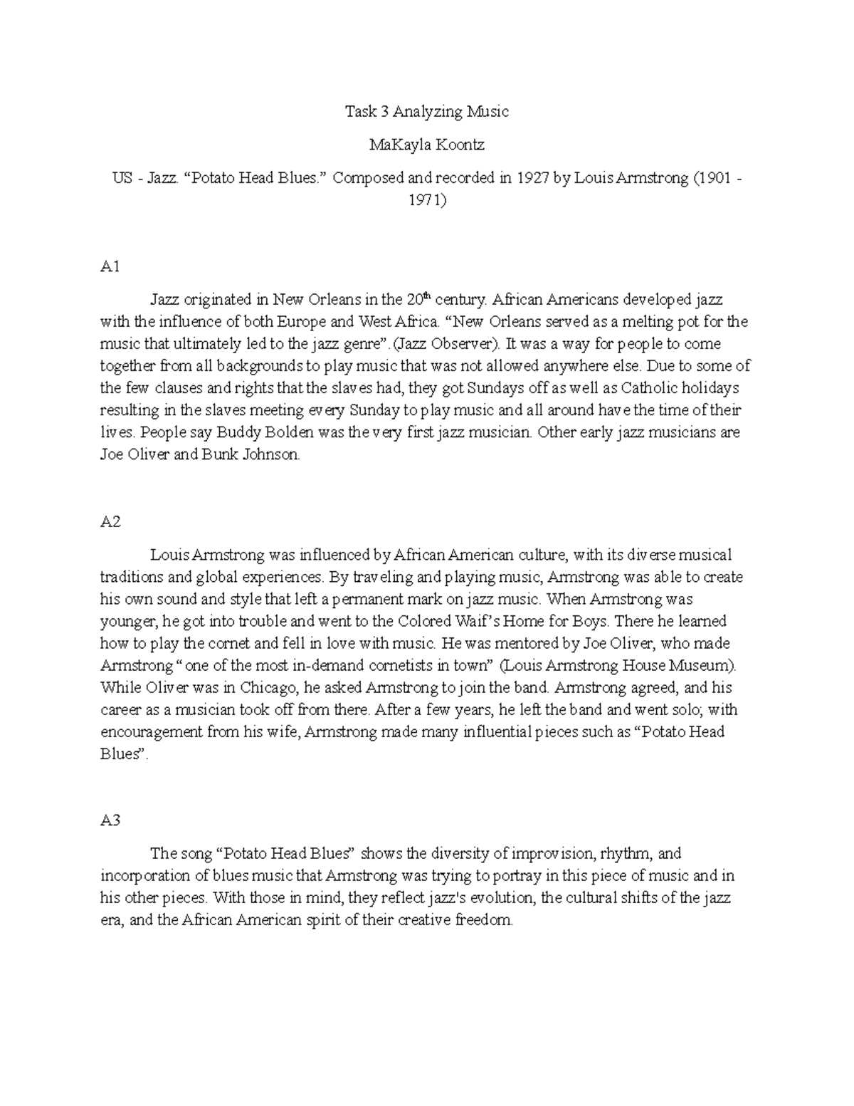 Task 3 D198 - Analyzing Louis Armstrong's "Potato Head Blues" - Studocu