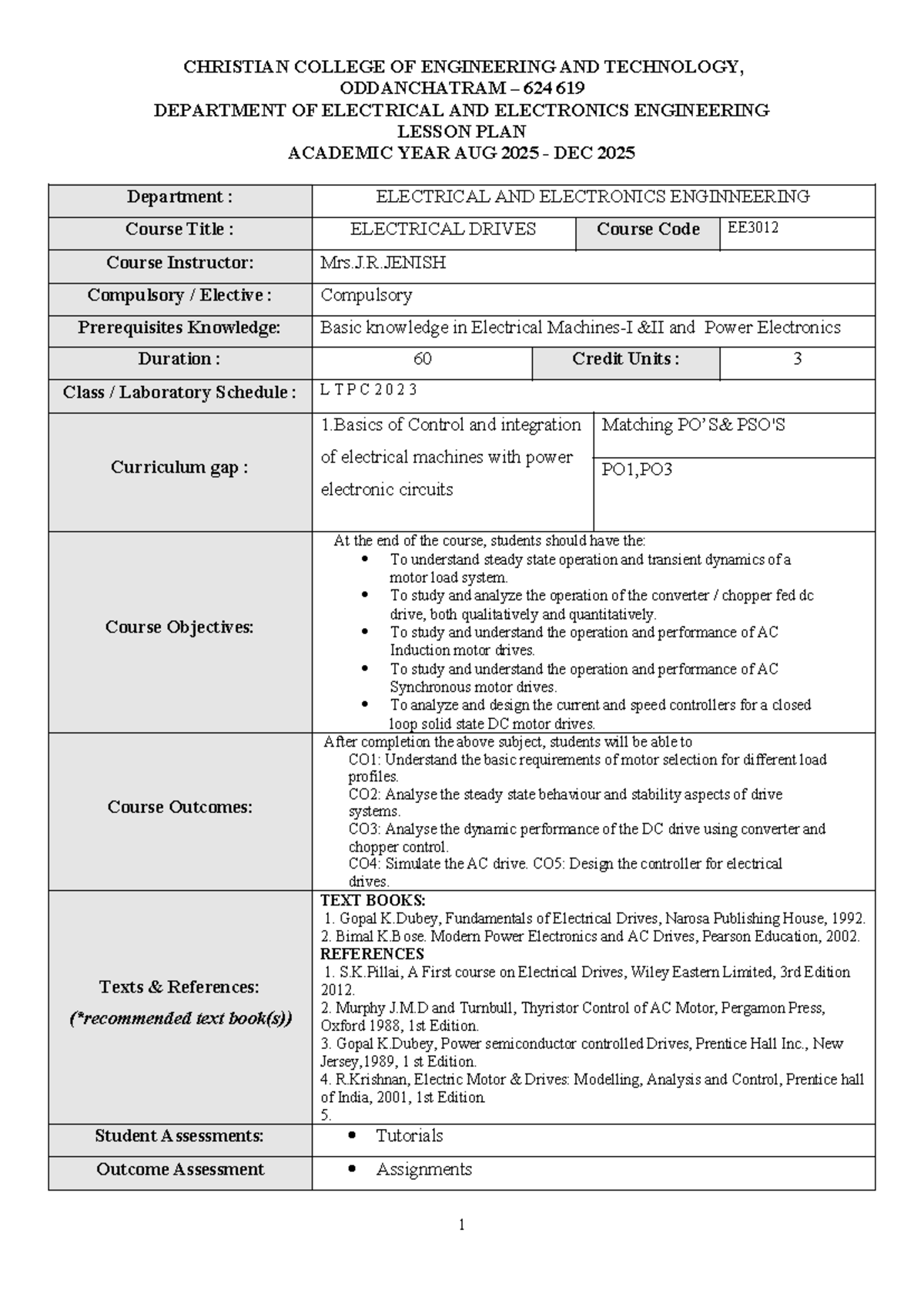 EE3012 Lesson Plan: Electric Drives (Aug-Dec 2025) - Studocu