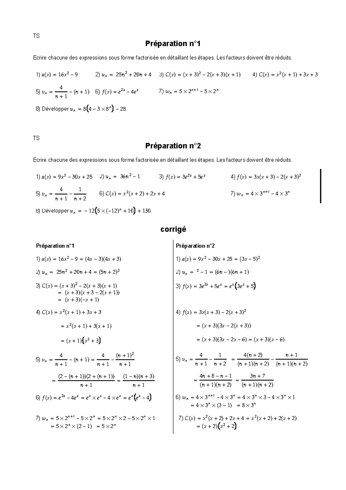 TS Préparation: Factorisation des Expressions Mathématiques - Studocu