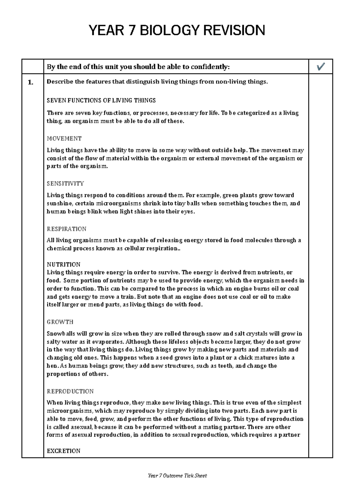 YEAR 7 BIOLOGY REVISION: FUNCTIONS & CLASSIFICATION OF LIFE - Studocu