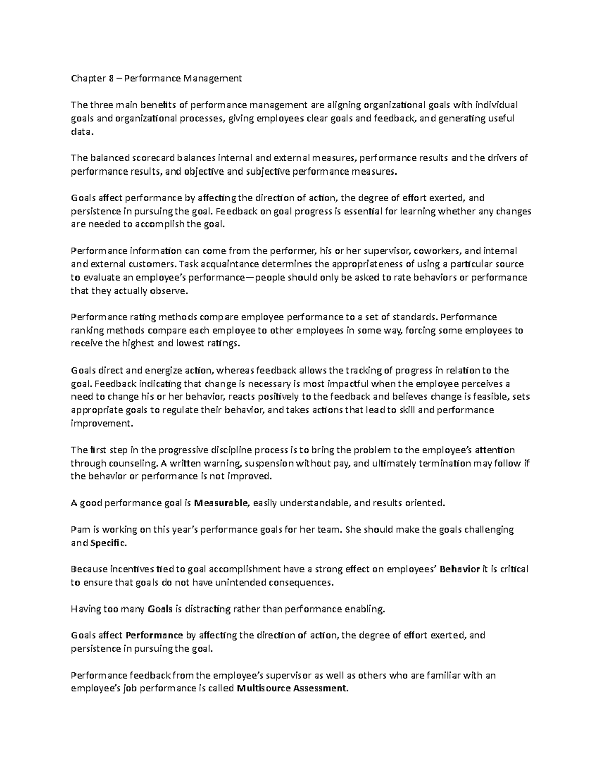C202 Managing Human Capital - Chapter 8 Notes - Chapter 8 – Performance ...