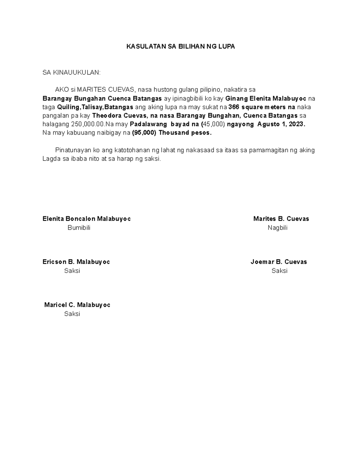 Kasulatan sa Bilihan ng Lupa - Template para sa Bili ng Lupa - Studocu
