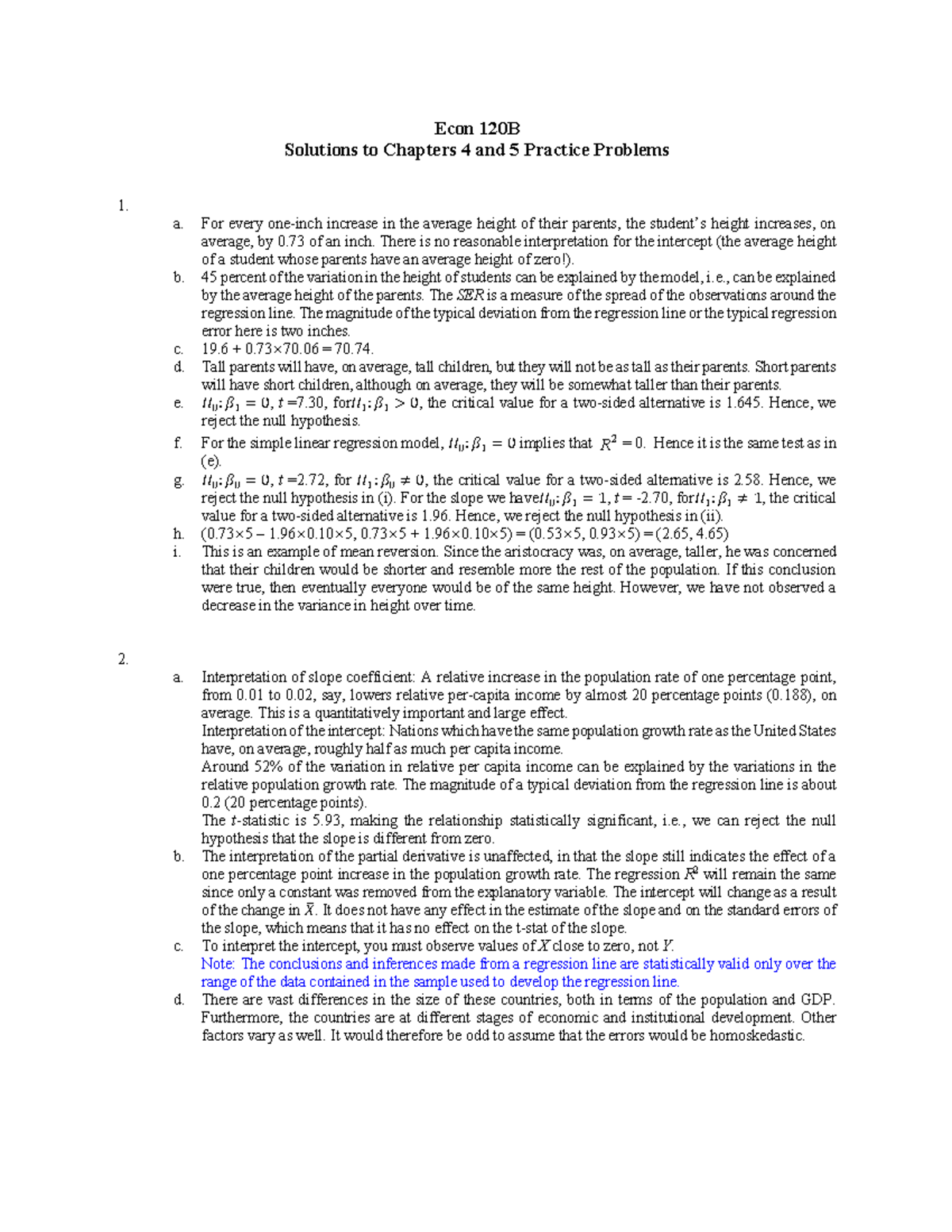 Chapter 4 and 5 - Practice Problem Solutions - Econ 120B Solutions to Chapters 4 and 5 Practice ...