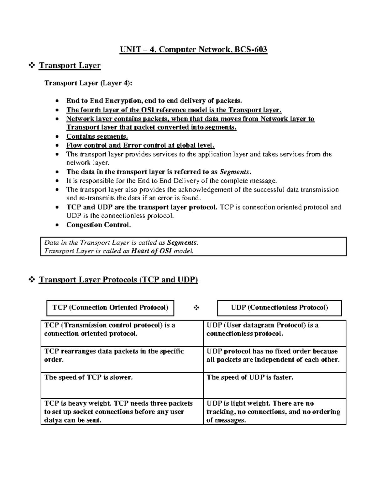 Unit 4, BCS603, Computer Networks - Transport Layer Notes - Studocu