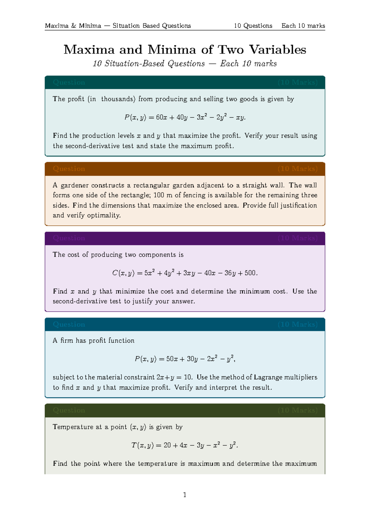 Maxima and Minima Situational Questions - MATH101 Final Exam - Studocu