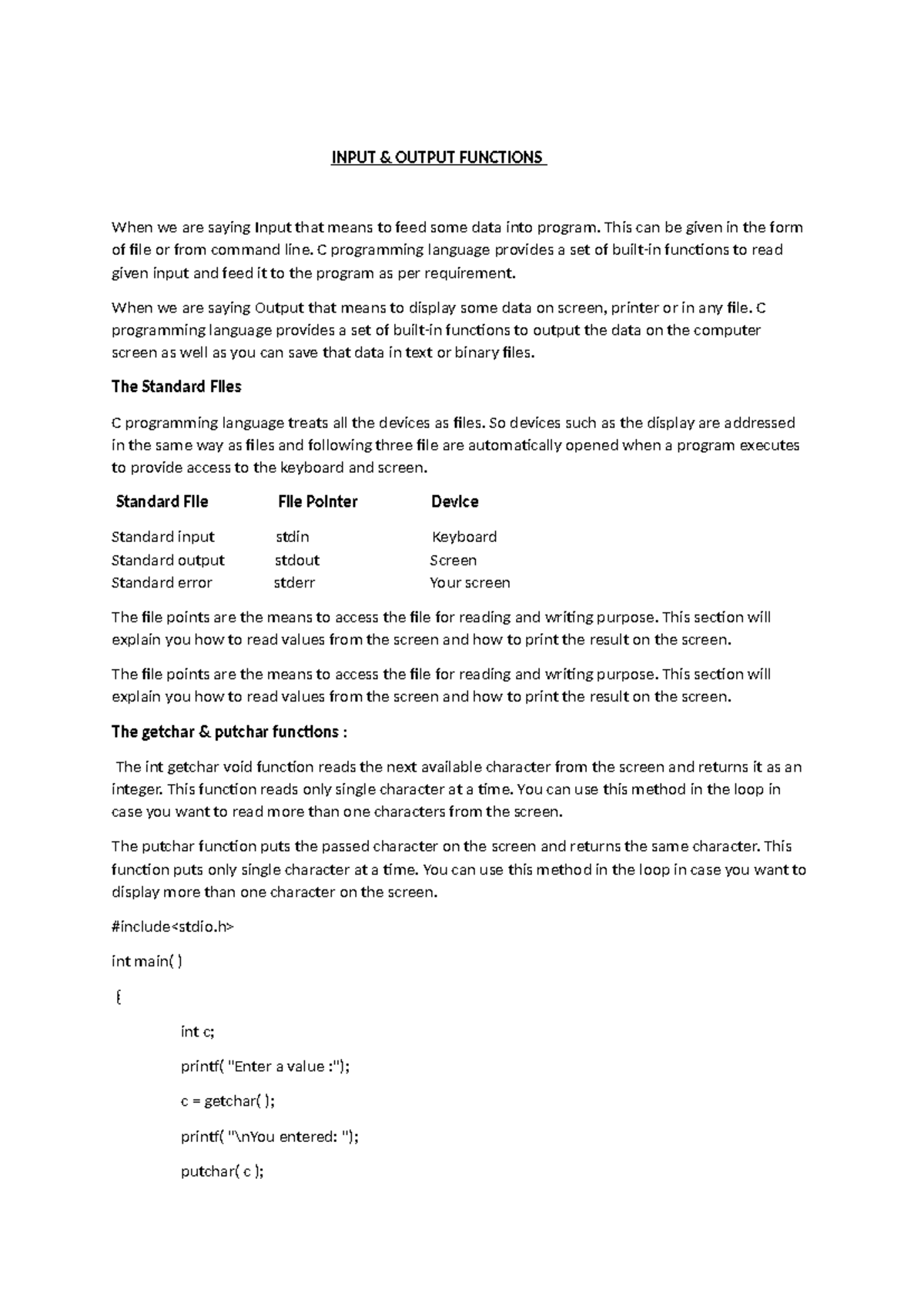 C Programming: Input and Output Functions Explained - Studocu
